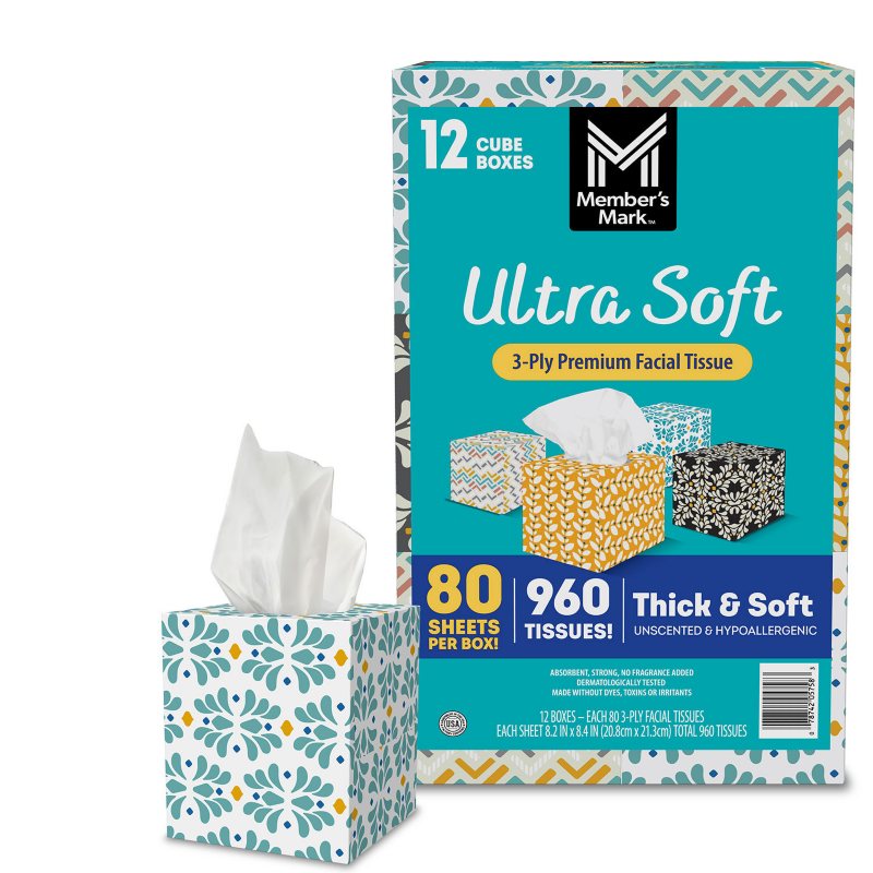 Member's Mark Ultra Soft 3-Ply Premium Facial Tissues 80 ct (12
