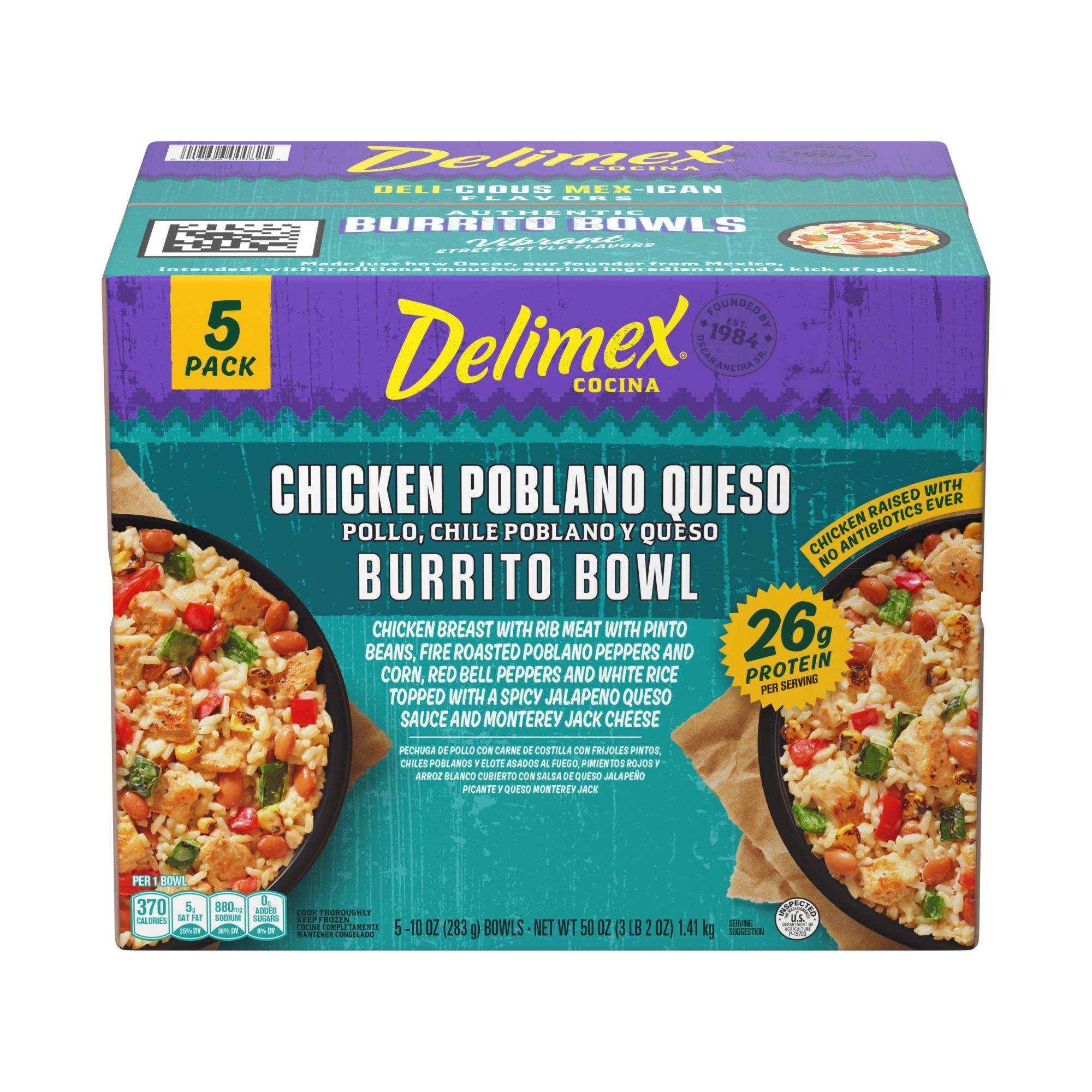 Delimex Chicken Poblano Queso Frozen Burrito Bowl, 5 count