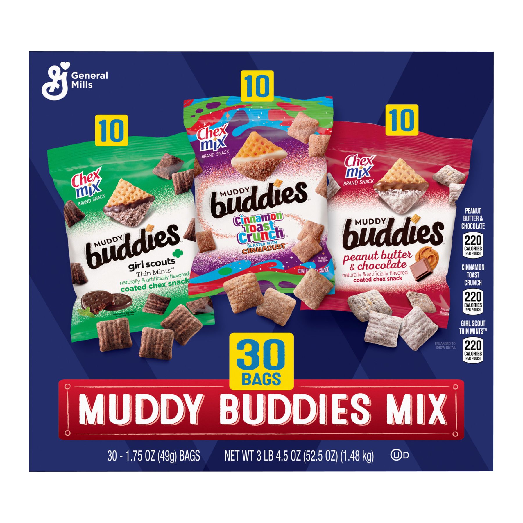 Chex Mix Muddy Buddies Variety Pack, Peanut Butter Chocolate, Cinnamon ...