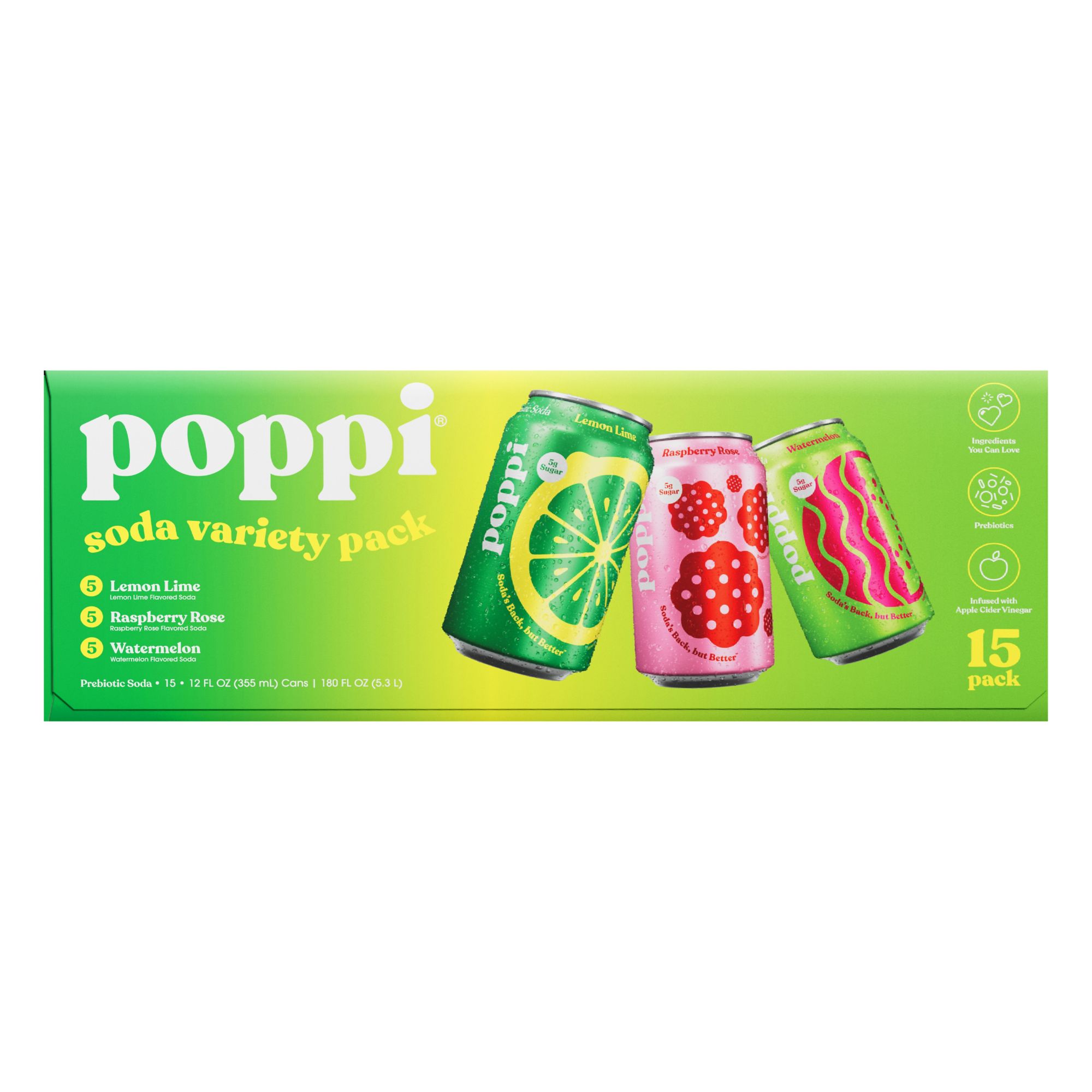 Poppi Soda Green Variety Pack, 12 oz., 15 pack