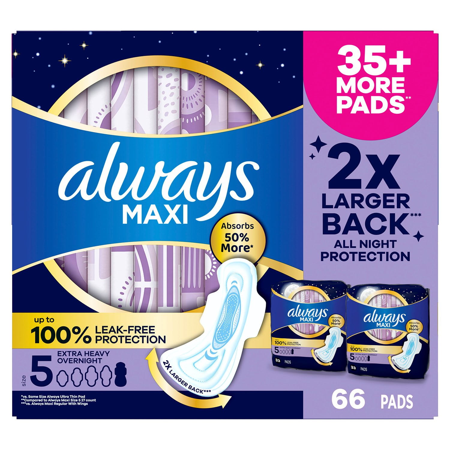 Always Maxi Overnight Pads with Wings, Size 5, 66 count