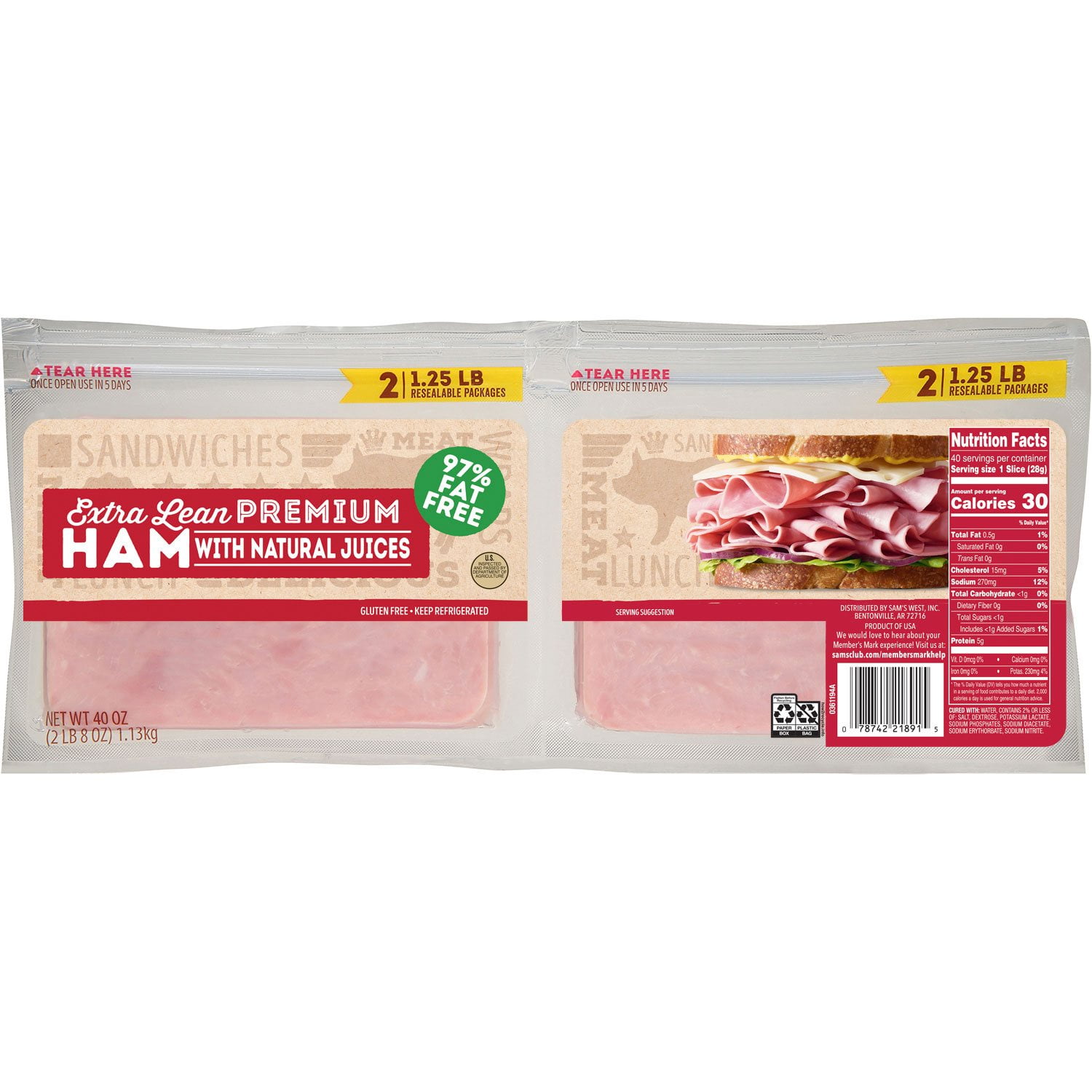 Member's Mark Extra Lean Premium Ham, 1.25 lbs each., 2 pack