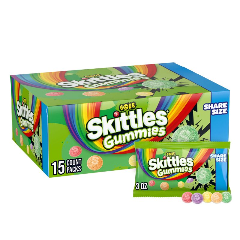 Skittles Gummies Sour Gummy Candy, Share Size, 15 pack