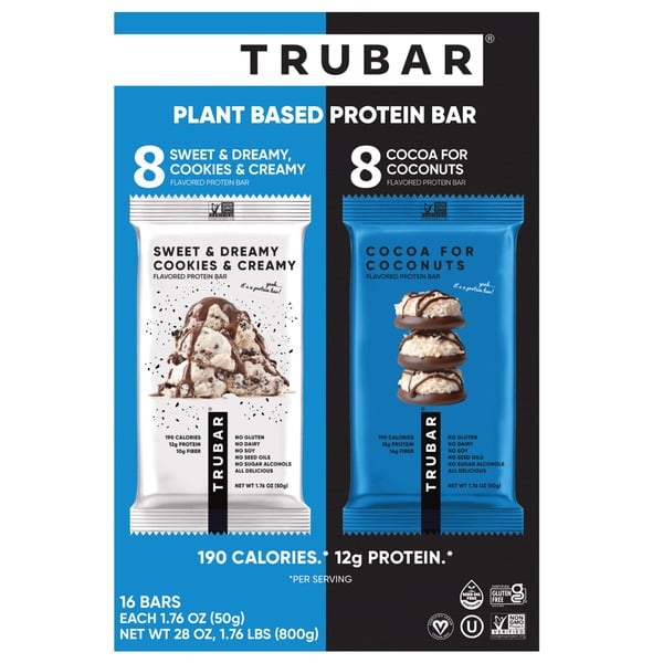 Trubar Plant Based Protein Bar, Variety Pack, 1.76 oz, 16 count